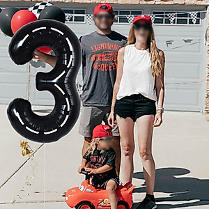 TONIFUL Race Car Black Balloons Car Birthday Party Supplies,40 Inch Giant Jumbo Helium Foil Mylar Big Number 3 Digital Three Balloons for Boys Monster Truck Jam Car Theme Party Decorations