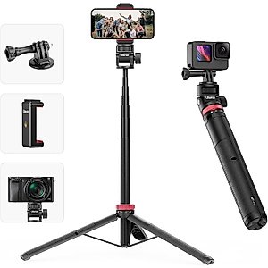 57.48 inch Extendable Selfie Stick Phone Tripod for Action Camera w Smartphone Clamp Extension Pole, for GoPro for Sony Canon Vlogging Cams for iPhone 14 13 Pro Max ULANZI MT-71