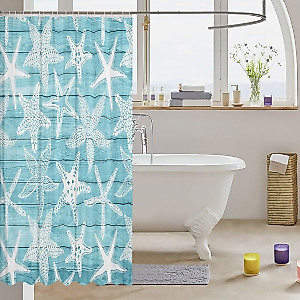 Coastal Sea Creature Shower Curtains,Farmhouse Blue Wooden Stripes Bath Curtain,Starfish Cloth Fabric Bathroom Decor Set with Hooks,78" Long