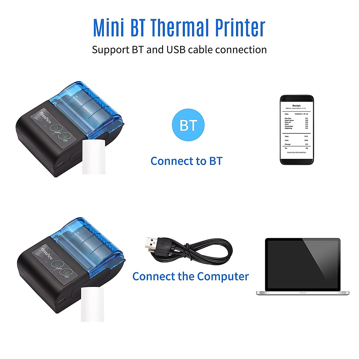 Irfora Portable Mini Thermal Printer 2 inch Wireless USB Receipt Bill Ticket Printer with 58mm Print Paper Compatible with iOS Android Windows for Restaurant Sales Retail