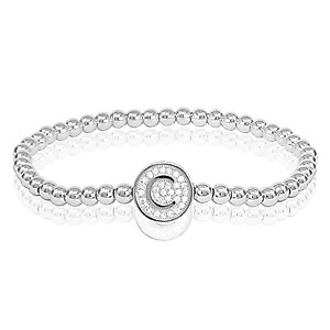 by you Initial Bracelets for Women 26 Letters Alphabet Round Charm Stainless Steel Gold Silver Beaded ball Bracelets (Silver - C)