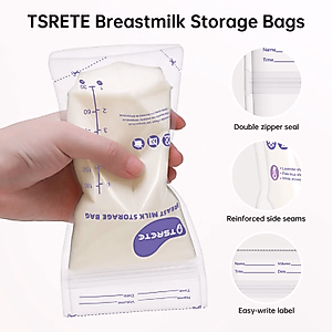 TSRETE Breastmilk Storage Bags Temperature Sensing Discoloration - 120 Count Leak Proof Double Zipper Seal Self Standing Breastmilk Bags for Breastfeeding, Space Saving for Refrigeration - 6 OZ/180ml
