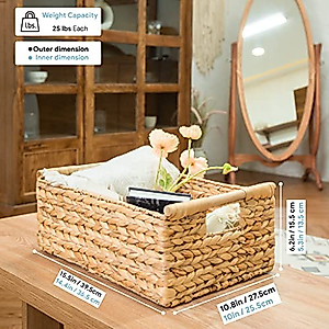 Large Wicker Basket Rectangular with Wooden Handles for Shelves, Water Hyacinth Basket Storage, Natural Baskets for Organizing, Wicker Baskets for Storage 15.5 x 10.8 x 6.2 inches