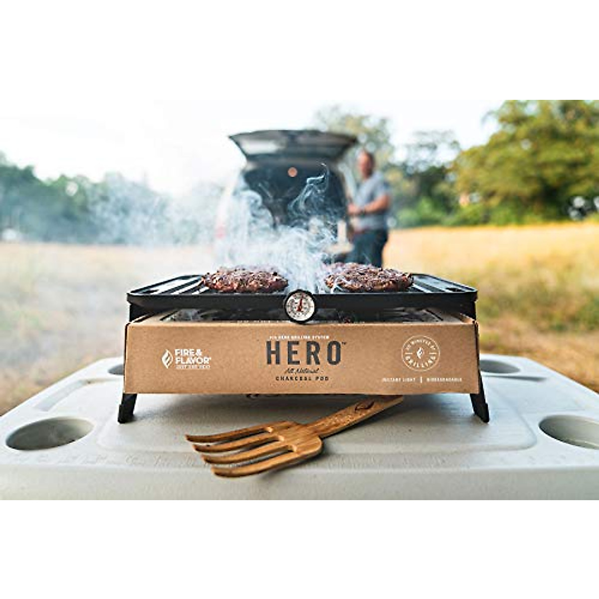 Fire & Flavor Hero Grill System - Ultra-Portable Grill for Camping, Tailgating, and BBQ on the Go - Tabletop Charcoal Grill Set Comes with Spatula, Thermometer, and Cutting Board
