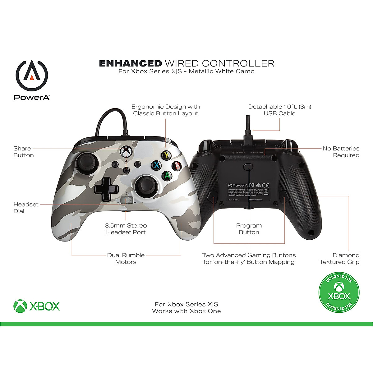 PowerA Enhanced Wired Controller for Xbox Series X|S - Metallic Arctic Camo, gamepad, wired video game controller, gaming controller, Xbox Series X|S
