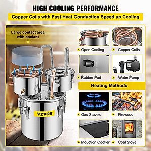 VEVOR Alcohol Still, 3 Gallon, Stainless Steel Alcohol Distiller with Copper Tube & Build-in Thermometer & Water Pump, Double Thumper Keg Home Brewing Kit, for DIY Whiskey Wine Brandy