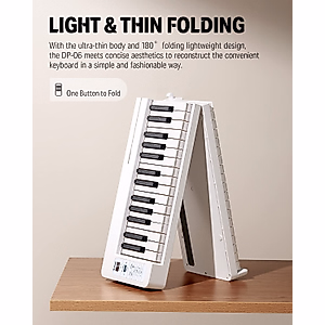 Donner 61-Key Folding Bluetooth Keyboard Piano for Beginners, Portable Piano Keyboard with Music Rest, Bag, Pedal, and App - White