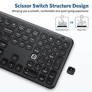OMOTON Wireless Keyboard, 2.4G Silent Computer Keyboard, Ultra Slim Full Size Ergonomic Keyboard with Numeric Keypad and Media Hotkeys Compatible with Windows, PC, Computer, Notebook, Laptop, Black