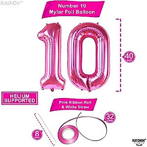 KatchOn, Giant Hot Pink 10 Balloon Number - 40 Inch | Hot Pink 10 Birthday Balloon, 10th Birthday Decorations for Girl | Pink Number 10 Balloon | 10th Birthday Balloons, 10 Year Old Balloons for Girls