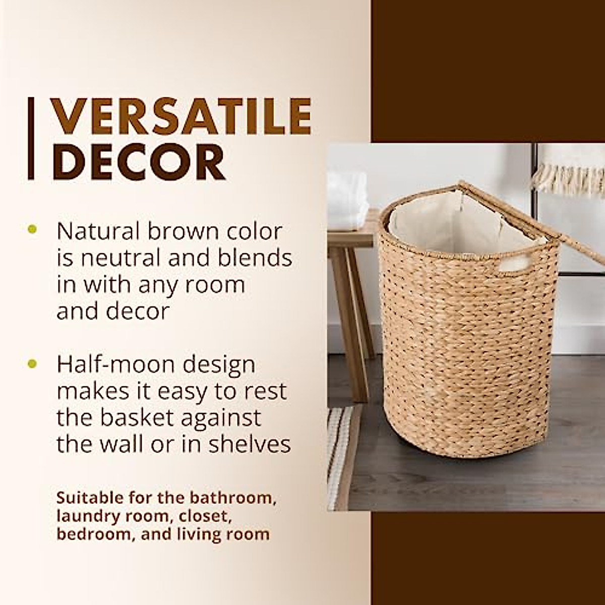 Kouboo Sea Grass Half Moon Basket with Removable Liner, Natural Color Laundry Hamper, One Size, Brown - 1030097
