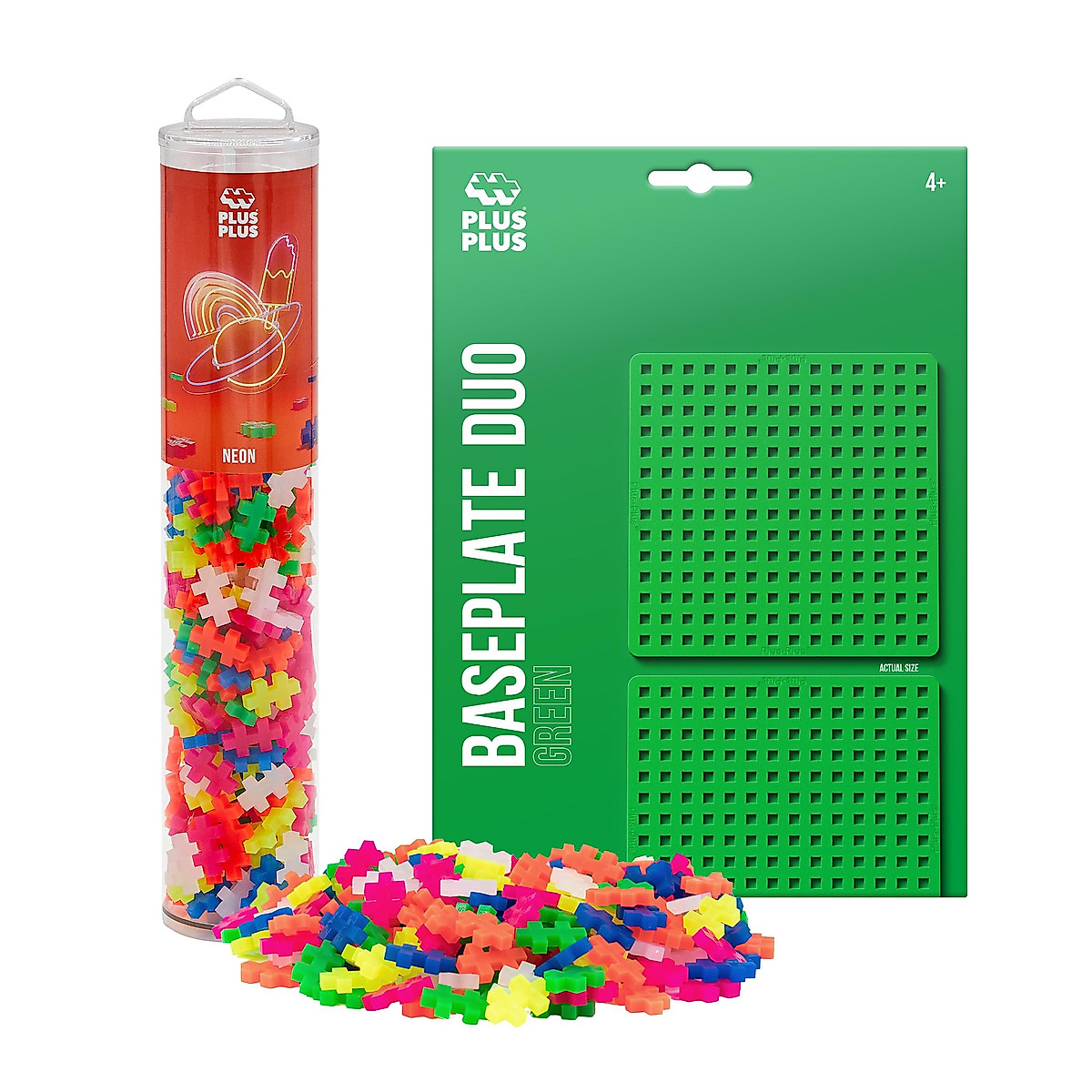 PLUS PLUS 240 Piece Interlocking Building Blocks for Kids, Open Ended Connecting Toys, STEM Bin Mini Manipulatives - Neon Mix Play Tube & Baseplate