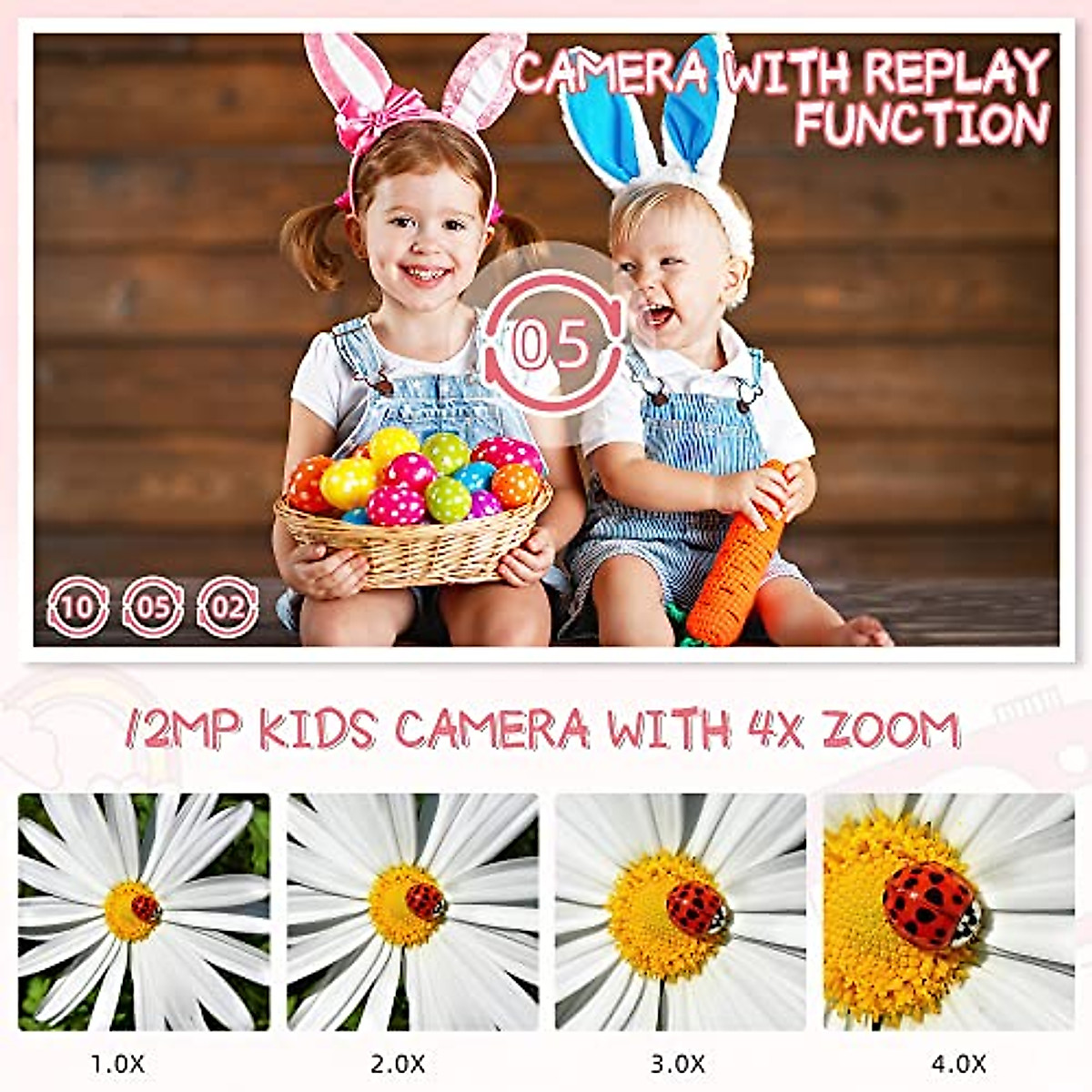 Kids Camera, Wonder Island Kids Digital Camera for Girls Age 3-12, Christmas Birthday Gifts Toys Camera for 3 4 5 6 7 8 Year Old Boy, Selfie Camera Time-Lapse Video Record with 32GB SD Card-Pink