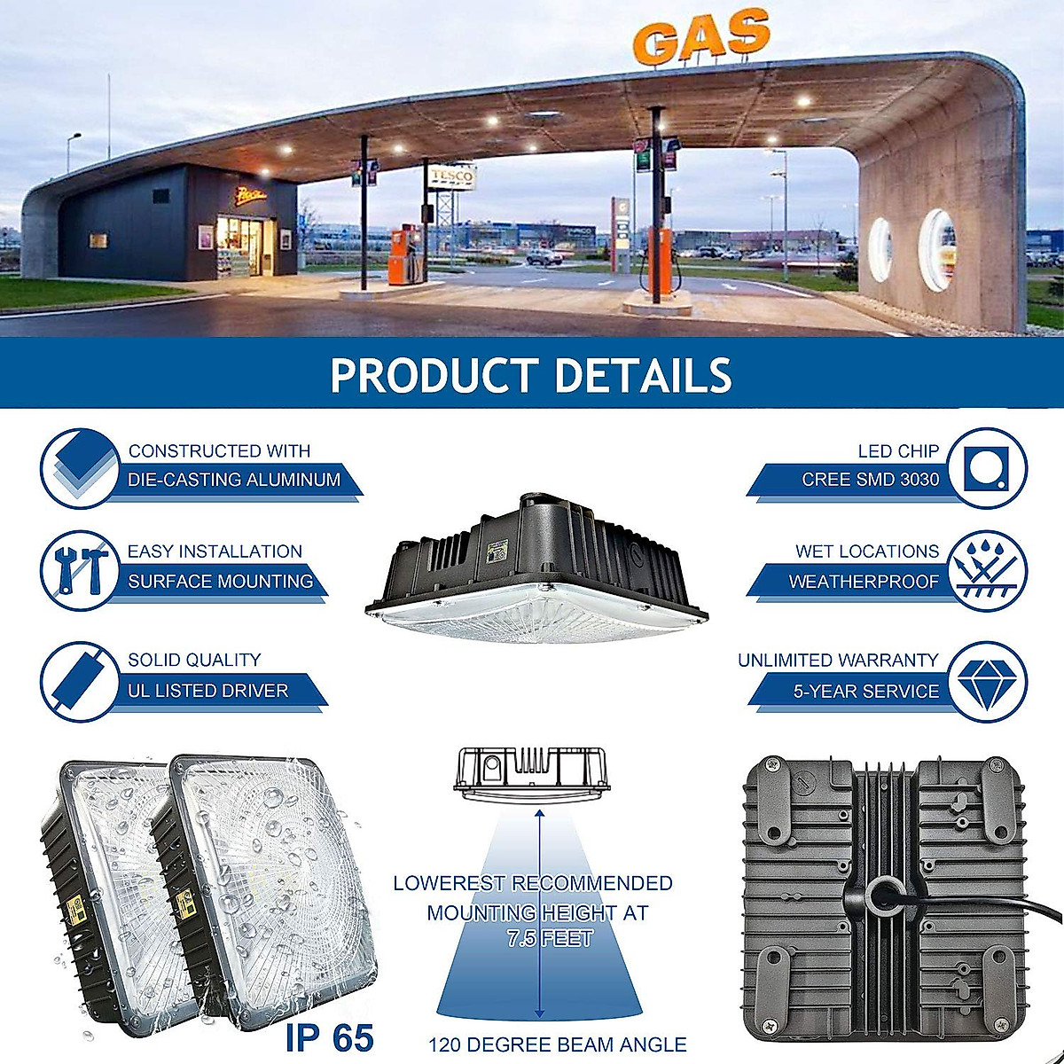 75W LED Canopy Light with UL Listed and DLC Certified,5000K,8625LM,300-350W HPS/HID Canopy Light Replacement,Waterproof and Outdoor Rated,Gas Station, Street, Area & Outdoor Lighting, 5 Year-Warranty.
