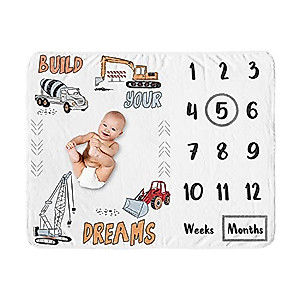 Sweet Jojo Designs Construction Truck Boy Milestone Blanket Monthly Newborn First Year Growth Mat Baby Shower Memory Keepsake Gift Picture - Grey Yellow Orange Red Blue Transportation Chevron Arrow