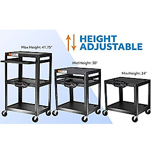 Steel AV Cart on Wheels - Rolling Projector Cart with Height Adjustable Shelf, Pullout Keyboard Tray, Power Strip, and Cord Management - Holds 300 lbs and Easy to Assemble (24'' x 18'' x 41'')