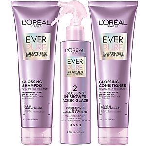L'Oreal Paris Sulfate Free Glossing Shampoo and Conditioner Set with Hair Treatment, Intensifies Hair Shine & Smoothness, pH Balanced Vegan Hair Care, EverPure, 8.5 Fl Oz