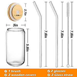 WISIMMALL Drinking Glasses with Bamboo Lids and Glass Straw 2PCS Set, 16oz Glass Cups with Lids and Straws, Beer Glasses, Iced Coffee Glasses, Soda, Gift 1 Cleaning Brushes