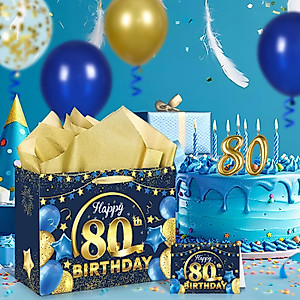 Blue 80th Birthday Gift Bag, Large Navy Blue Gold Happy 80th Birthday Gift Bag with Greeting Card and Tissue Paper for Men Women 80 Years Old Anniversary Birthday Party Favors Goodie Wrap Bag Supplies