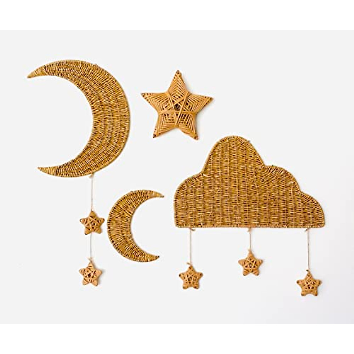 Boho nursery bedroom wall decor, Set of 4, Handmade, Bamboo Rattan, Boho Cloud, Moon, Stars Wall Decor, Nursery Decor, Kids Bedroom, Playroom