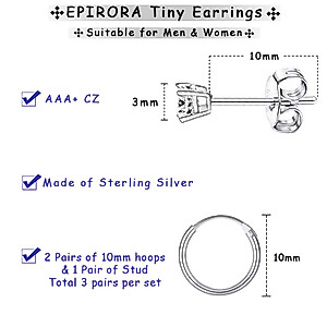 EPIRORA Sterling Silver Stud Earrings Small Cartilage Hoop Earrings for Women Men- 3 Pairs of Hypoallergenic Tiny Earring Set, Including 1 pair of 3mm Cubic Zirconia Earrings & 2 Pairs of 10mm Hoops