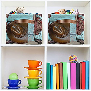 Oyihfvs Turquoise and Red Cowboy Boots and Hat Standing on Wood 1 PC Rectangle Storage Basket Collapsible Fabric with Leather Handles Bag Organizer Clothes for Home Bedroom 15 x 11 x 9.5 in
