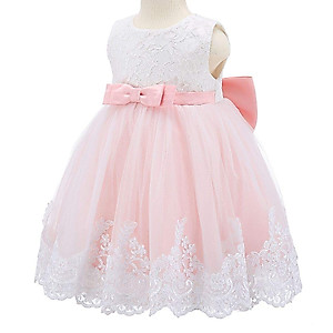 Bow Dream Baby Flower Girl Dresses Lace Bowknot Wedding Pageant Formal Tutu Gown Blush Pink 0-3 Months
