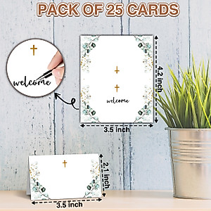 Bohemia Baptism Table Place Cards - 25PCS Tent Cards - Gold Foil Food Labels - First Holy Communion Name Cards for Table Setting - Baptism Prayer for Baby Table Card - Scored for Easy Folding -21