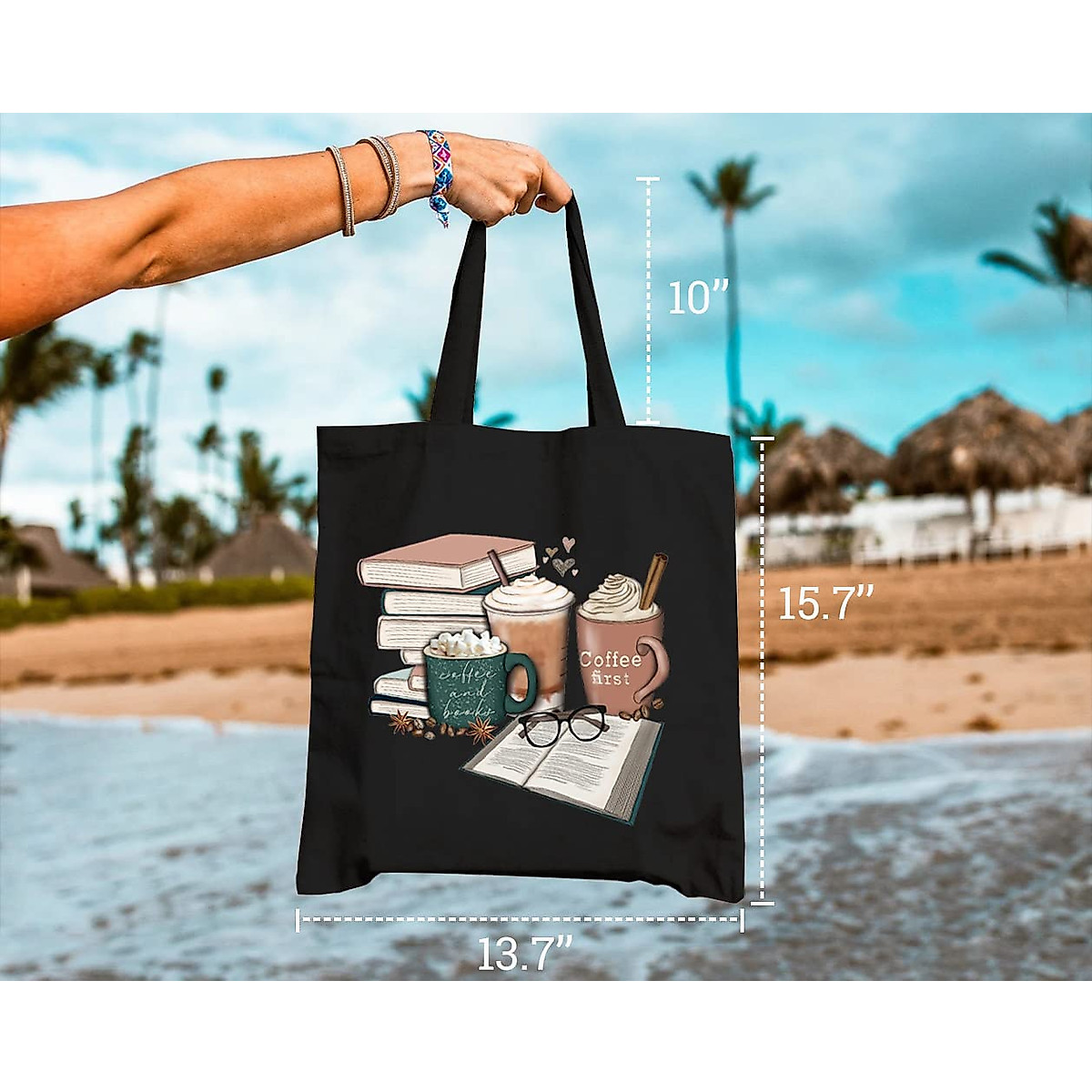 GXVUIS Coffee And Books Canvas Tote Bag for Women Aesthetic Hand Drawn Graphic Reusable Grocery Shoulder Shopping Bags Black