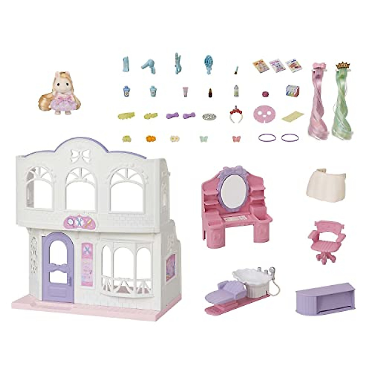 Calico Critters Pony's Stylish Hair Salon - 2-Story Salon Playset w/ Poseable Figure & 40+ Hair Styling Accessories for Ages 3+