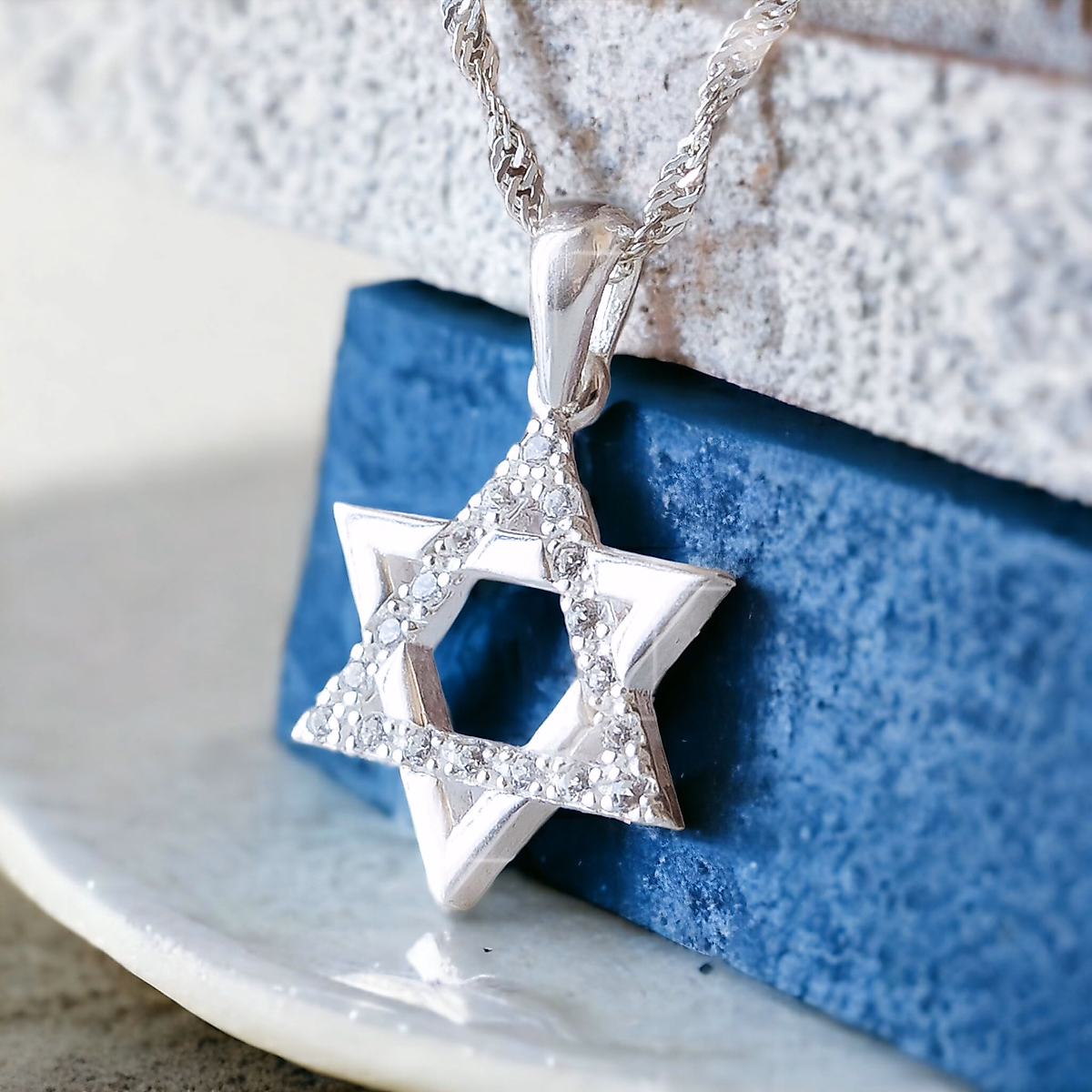 ICEBERRY Jewish Star of David Necklace for Women - Dainty 925 Sterling Silver Cubic Zirconia 6 Point Star Pendant with Singapore Chain 19.7"- Judaica Hebrew Jewelry (White)