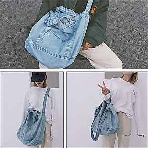 Queen Crystal Women's Elegant Denim Satchel Single Shoulder Crossbody Bag Large Creative Tote Beach Bag, Sky Blue, One_Size