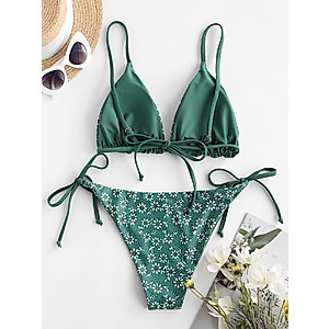 ZAFUL Women's Triangle Bikini Floral String Bikini Set Two Piece Swimsuit Bathing Suits (2-Greenish Blue, M)