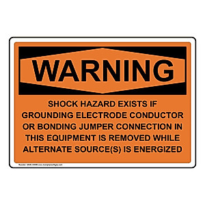 ComplianceSigns.com Warning Shock Hazard Exists If Grounding Electrode OSHA Safety Label Decal, 5x3.5 in. 4-Pack Vinyl for Electrical