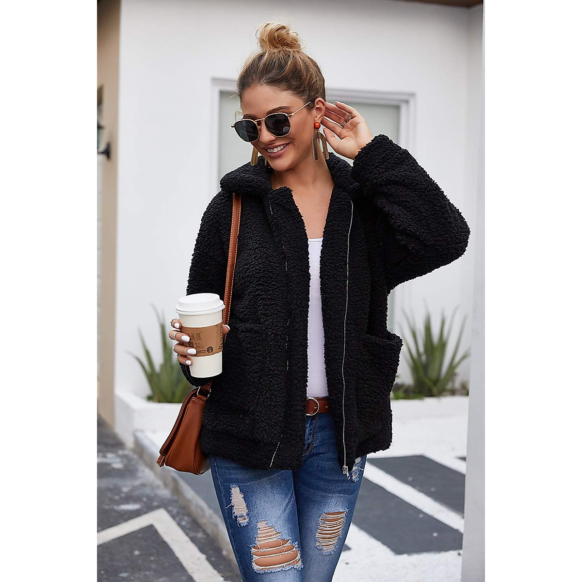 Women's Coat Casual Lapel Fleece Fuzzy Faux Shearling Zipper Coats Warm Winter Oversized Outwear Jackets (Black,XL)