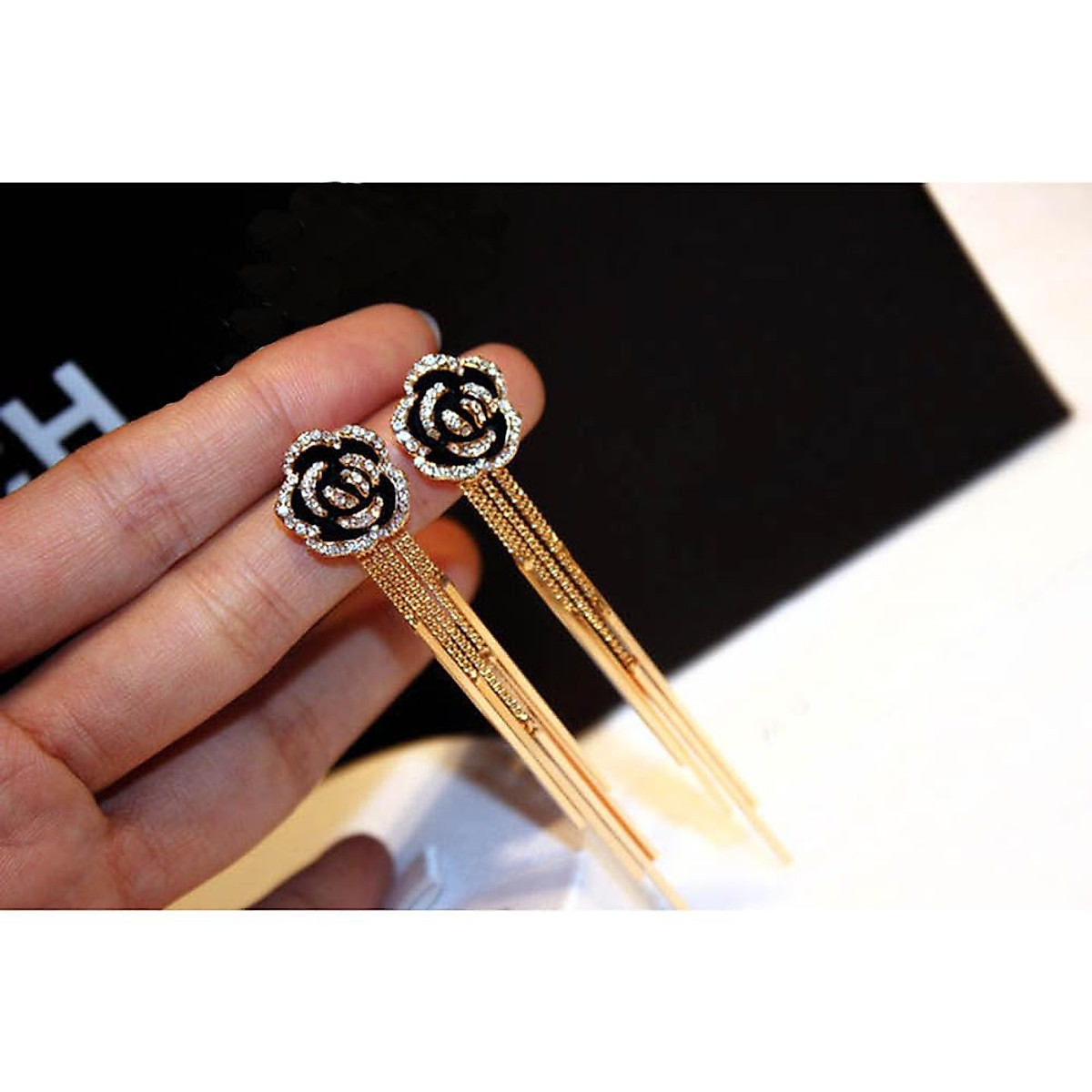 Rhinestone Pendant Black Rose Floral Tassel Earrings