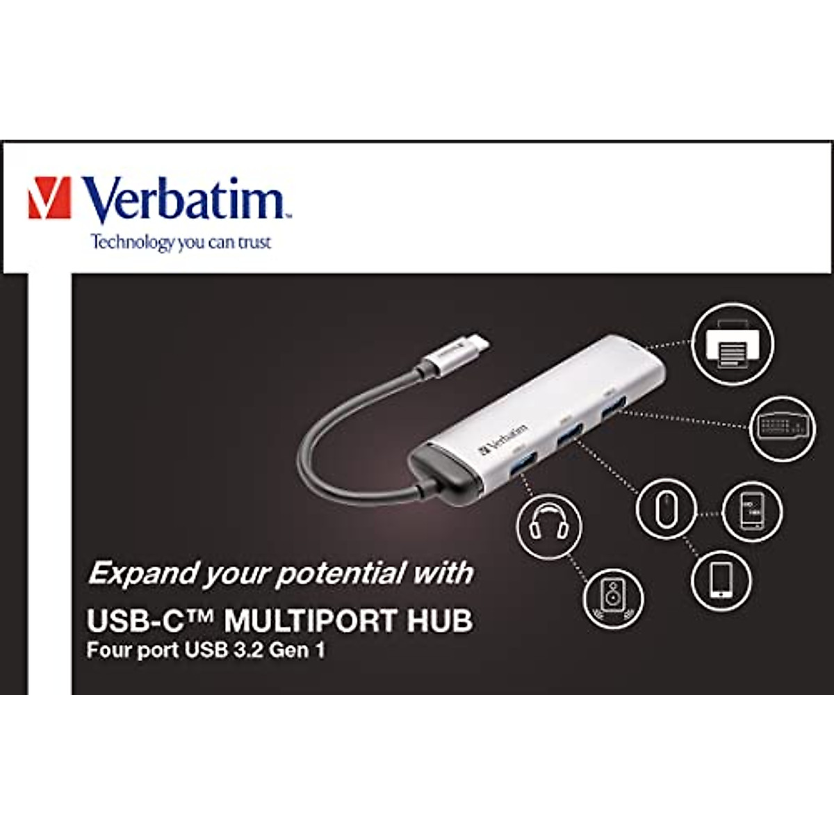 Verbatim USB-C Multiport Hub, USB C Adapter Made Aluminum for Laptops MacBooks and Smartphones, Multimedia Adapter Plug with Four USB 3.2 Gen 1 Ports, Silver