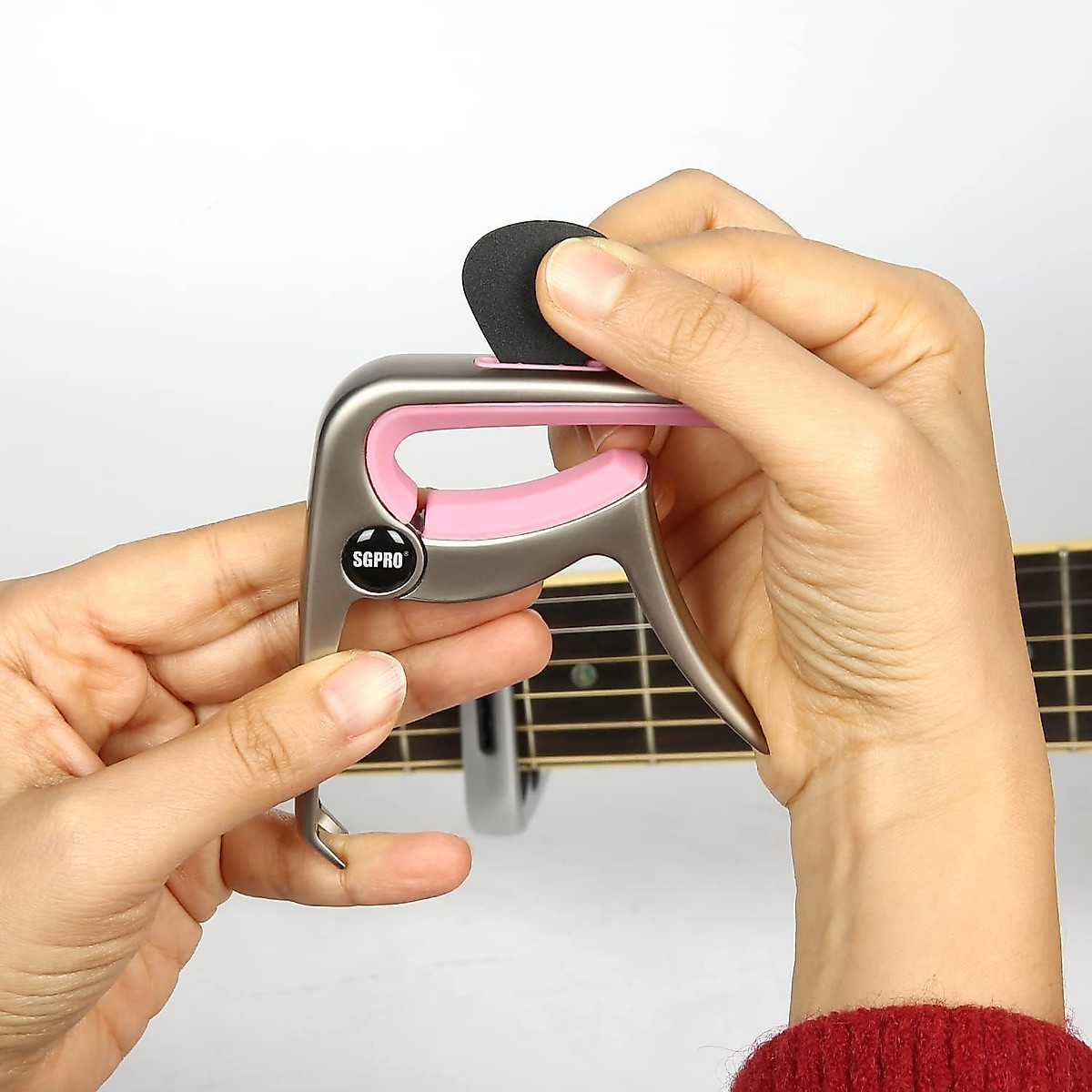 Guitar Capo 3-in-1: Acoustic & Electric Capo, Guitar Pin Puller, Pick Holder - Hidden Spring Design, Trapezoid Silicone Rubber Pad, Superior Zinc Alloy (Pink)