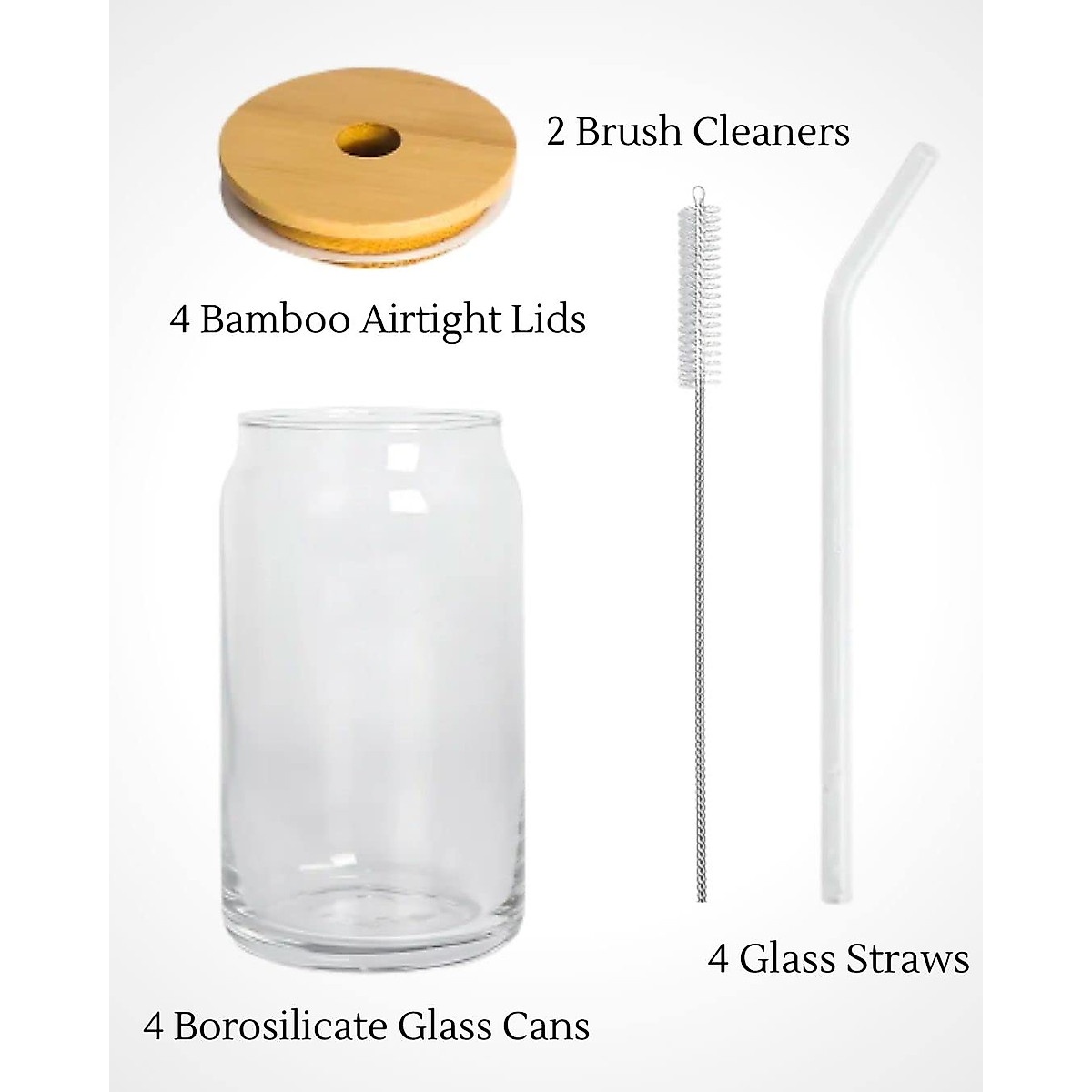 4 Pack Crystal Clear Beer Glass Can with Bamboo Lids Glass Straw and Brush Cleaner- Reusable Eco Friendly Heat and Cold Resistant Glass, Cocktail, Tumbler, Beer Glass