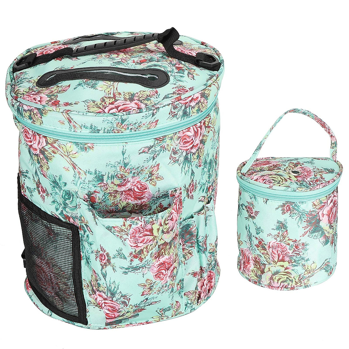 2Pcs Portable Woolen Yarn Storage Bag Knitting Bag, Yarn Storage Round Tote Bag, 600D Oxford Cloth Printing Multi-Pocket Hand Strap(Green Peony)