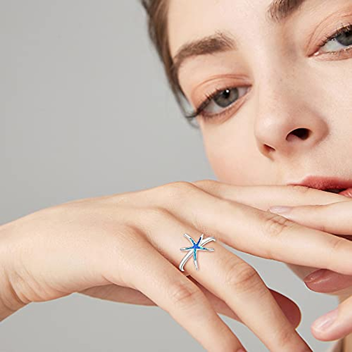 Cuoka Starfish Rings for Women, 925 Sterling Silver with Blue Opal Promise Hawaiian Beach Nautical Ocean Statement Fidget Ring Jewelry Birthday For Friend Wife