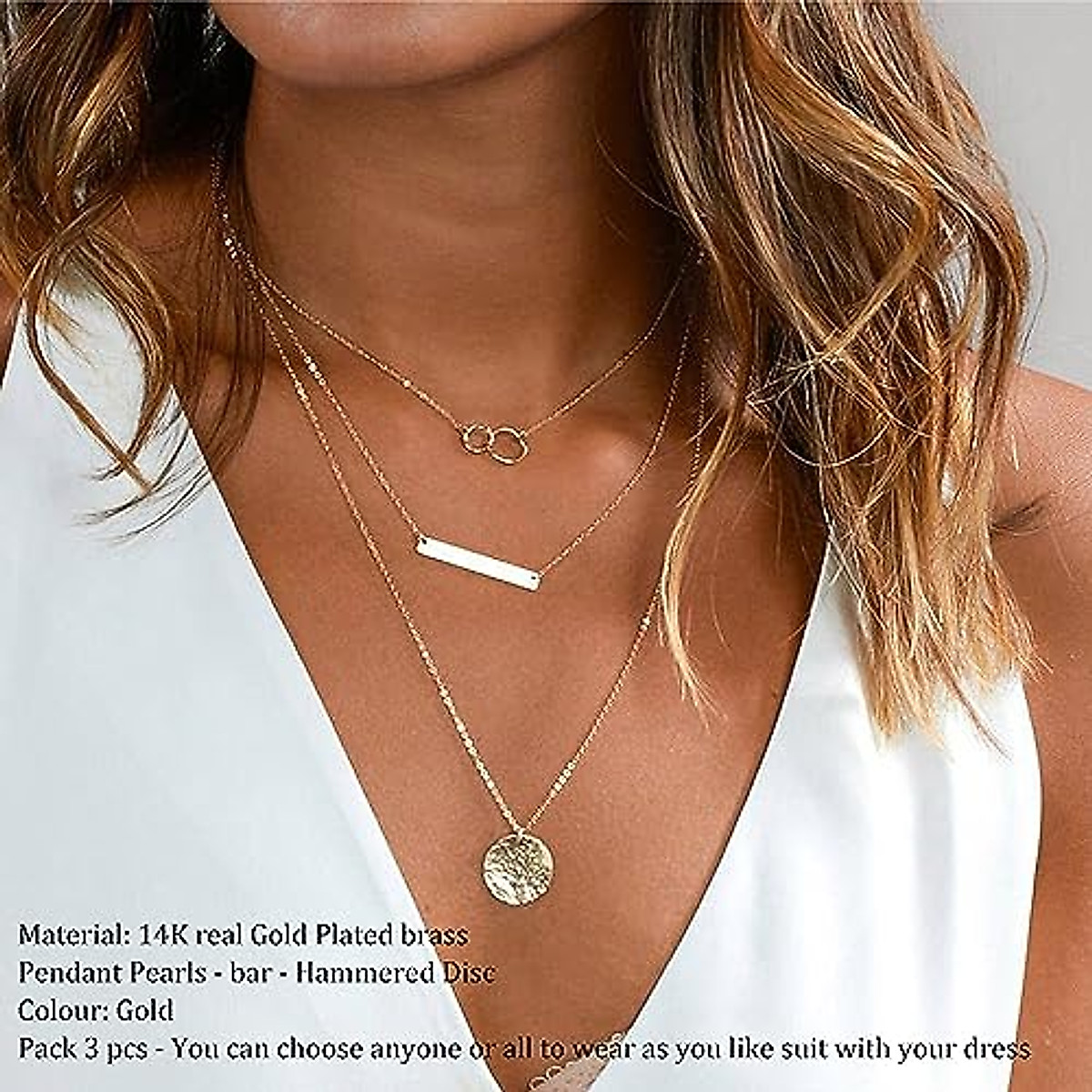 Turandoss Dainty Interlocking Circles Necklace Bar Hammered Disc Necklace 14K Gold Simple Necklace Women Jewelry Layered Necklace Gold Choker Necklaces for Women