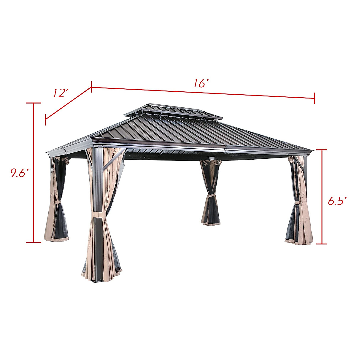 Patio Tree 12' x 16' Patio Hardtop Gazebo Outdoor Non-Rust Aluminum Permanent Pergola Shelter Tent with Galvanized Steel Canopy Roof, Mosquito Netting and Privacy Curtain
