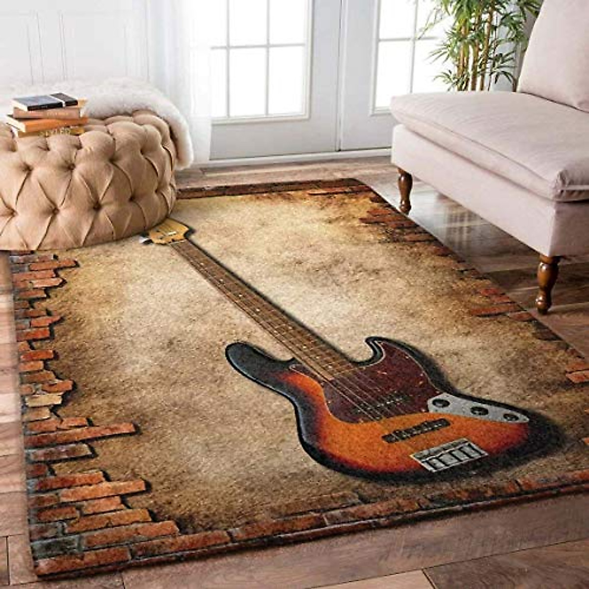 Music Rug Bass Guitar Vintage Design Area Rug Guitar Carpet Mat for Living Room - Music Lover Guitar Rug for Studio Decor - Guitar Runner Non Skid Washable Rug 3x5 5x7 8x10, 2x3ft/3x5ft/4x6ft/5x8ft