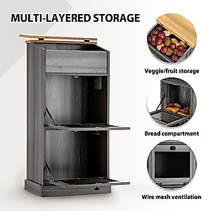ONG Potato Storage Bins Sets of 2, Wooden Potato Bin Double Bread Storage, Decorative Potato and Onion Storage Bin Set 2, Wood Box with Grocery Section, Wooden Vegetable Storage with Lid,Grey