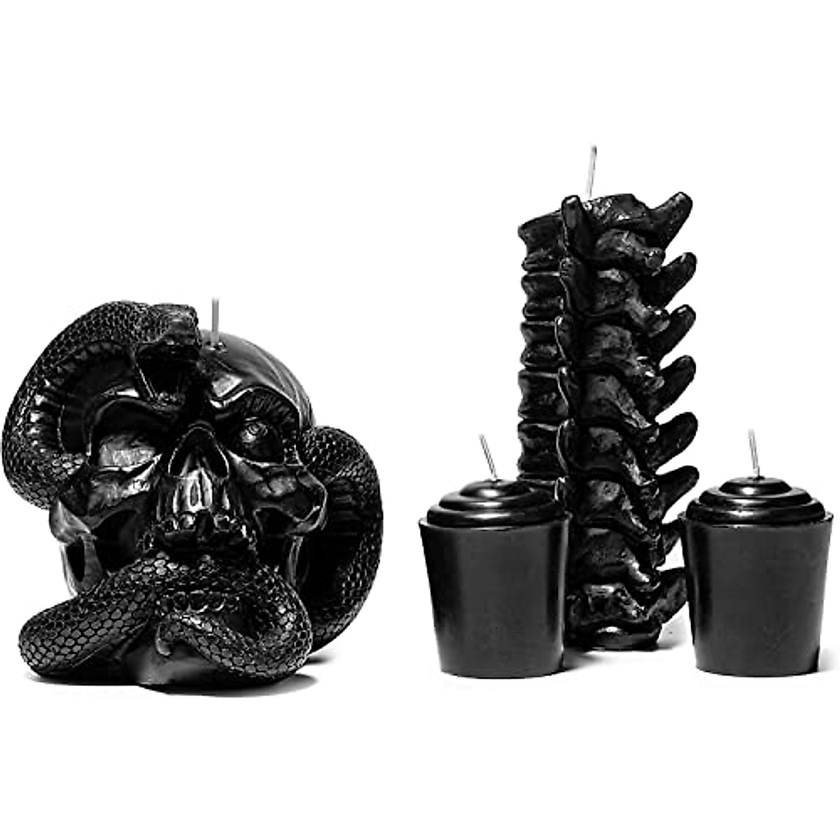 Skull Candles 4 Pack - Skeleton Snake, Spine & Black Bones Candle, Skulls Candle, Magic Skulls Candlestick Spooky Gothic Emo Decor, Home & Bar Decoration - Large Creepy Satanic - by Gute