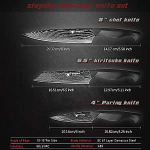 aisyoko 8C Damascus Knife Set 3PC Chef Knife,Kitchen knife,paring knife,High Carbon Stainless Steel,Ergonomic Full Tang ABS Anti-Skid Handle,Professional Japanese Cooking Knife with Luxury Gift Box