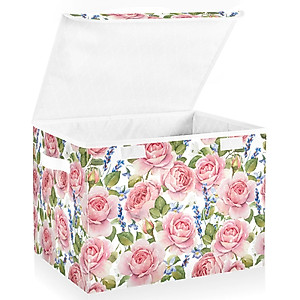 Sletend Storage Box Rose Flower Floral Closet Storage Bins with Lids, Foldable Oxford Fabric Storage Box for Home Bedroom Closet Office (16.5x12.6x11.8 in)