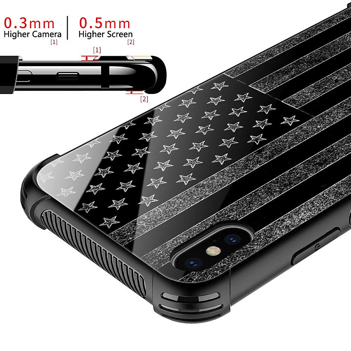 ZHEGAILIAN Case Compatible with iPhone XR Case,Black and White American Flag Case,Tempered Glass Back+Soft Silicone TPU Shock Protective Case for iPhone XR Case.