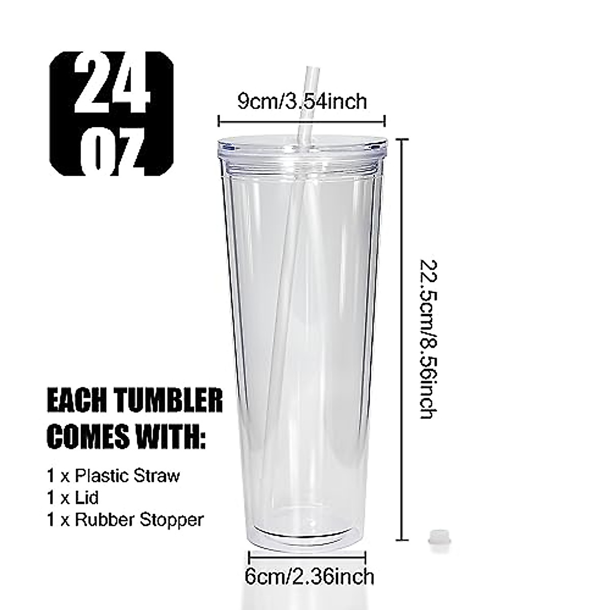 AGH 24oz Acrylic Double Wall Insulated Tumblers(4Pack), Transparent Drilled Plastic Double Wall Tumblers with Straw & Hole Stopper, Acrylic Snow Globe Tumbler