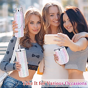 Rtteri 3 Pcs Rhinestone Water Bottle AB Color Diamond Glitter Tumbler Insulated Bling Tumbler with Chain Bling Cup with Lids Stainless Steel Rhinestone Tumbler Diamond Thermal Mug Set for Women Girl